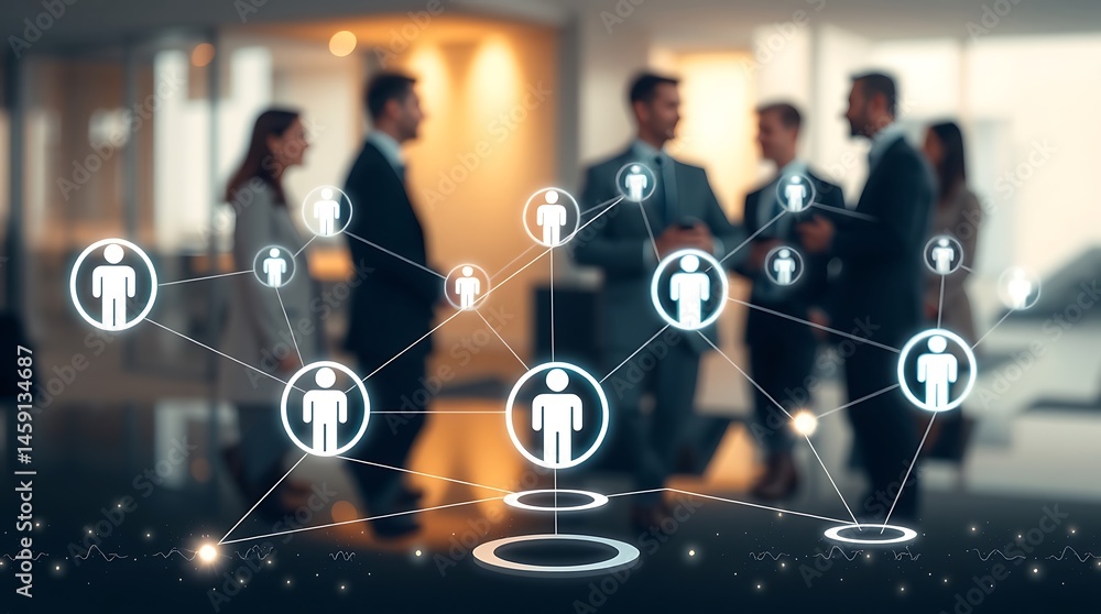 Business team networking with digital avatars and connections in a ...