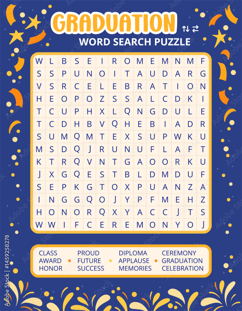 Graduation word search puzzle game on a dark blue background worksheet ...