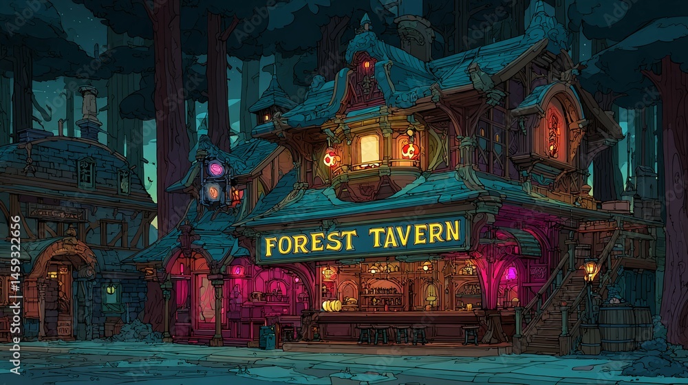 Ilustracja bez tantiem: Cartoon forest tavern building at night with ...