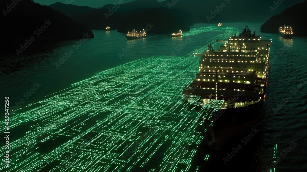 Global shipping concept showing marine vessel overlayed with digital ...