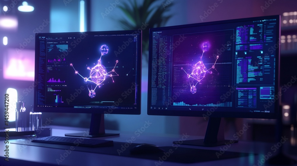 Dual monitors displaying complex network visualizations, with data charts and glowing elements ...
