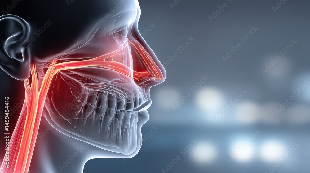3D medical illustration of the human head in profile view showing ...