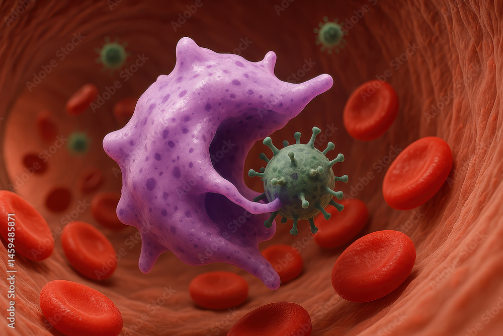 Ilustracja bez tantiem: Macrophage (white blood cell) engulfing virus ...