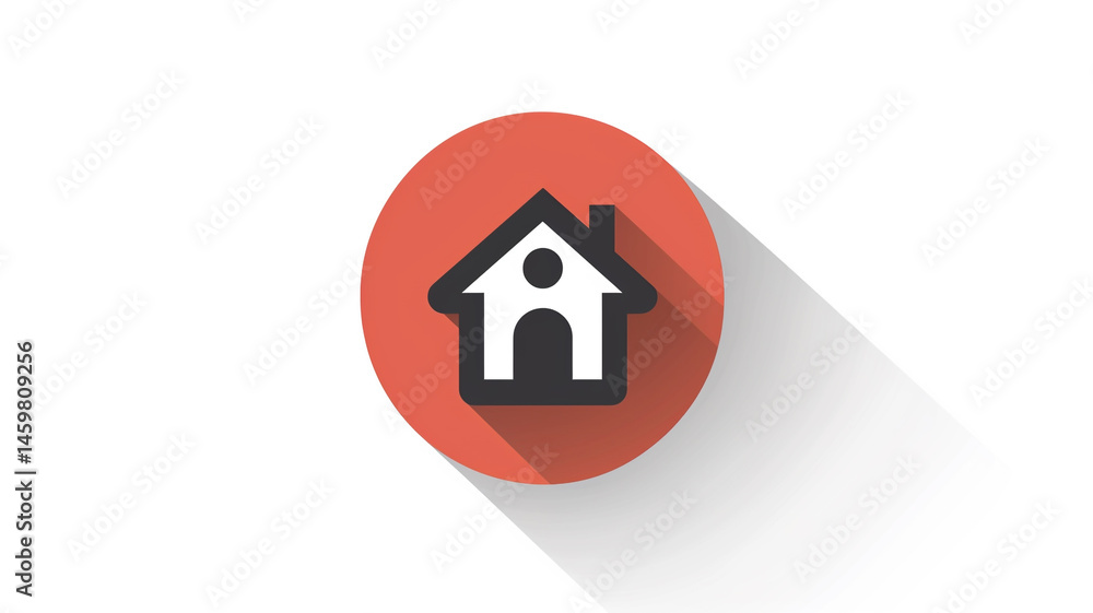 Simple home button icon. White house symbol on a red circle with a long ...