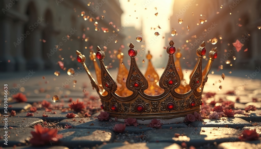 Golden crown rests on stone pavement with flower petals, sparkling gems ...
