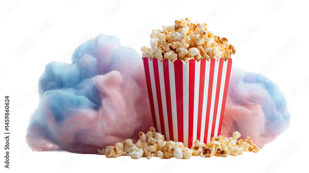 Colorful popcorn box with cotton candy against a white background ...