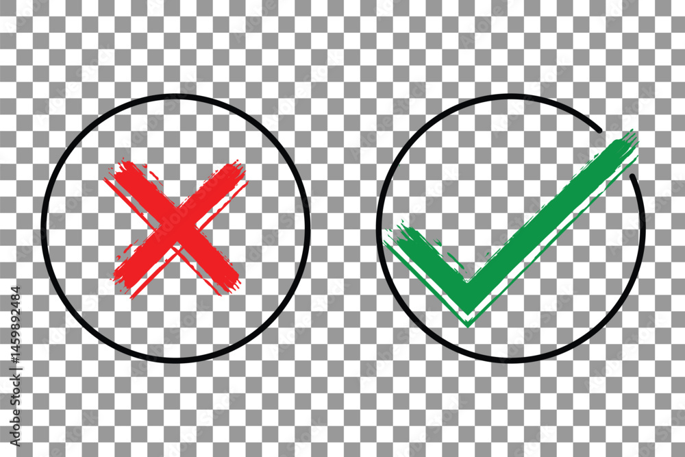 Green check mark, red cross, x mark icon set, Hand drawn right and wrong vector sign in circle ...