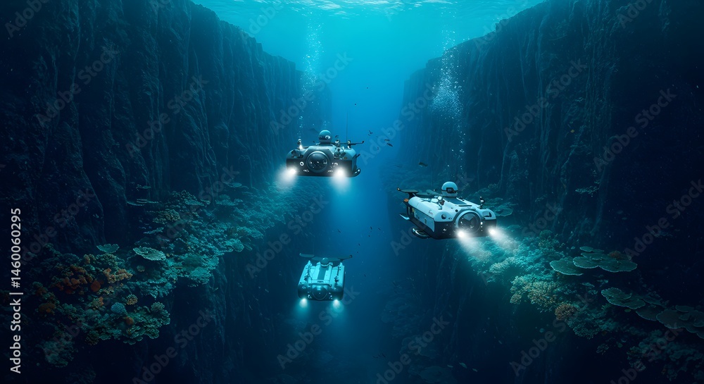 Foto de Stock Submersible Underwater Exploration Three Vessels ...