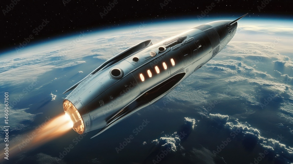Giant spaceships in orbit, with huge engines and long wings, flying ...
