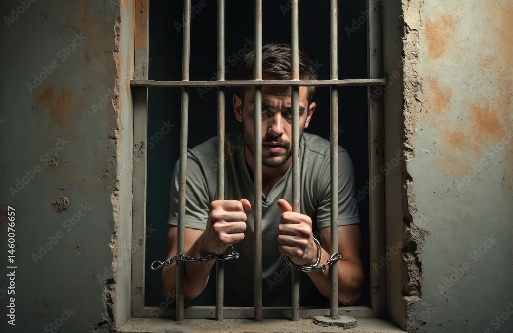 Man behind prison bars wearing handcuffs. Prisoner concept portrays ...