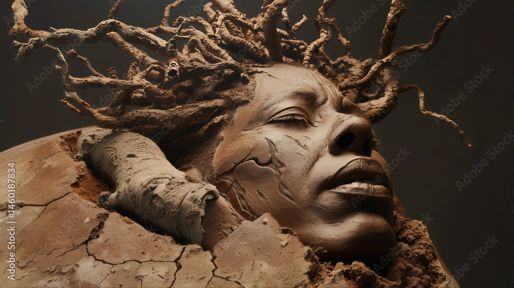 Sculpture image of a person emerging from a mass of roots and earth ...