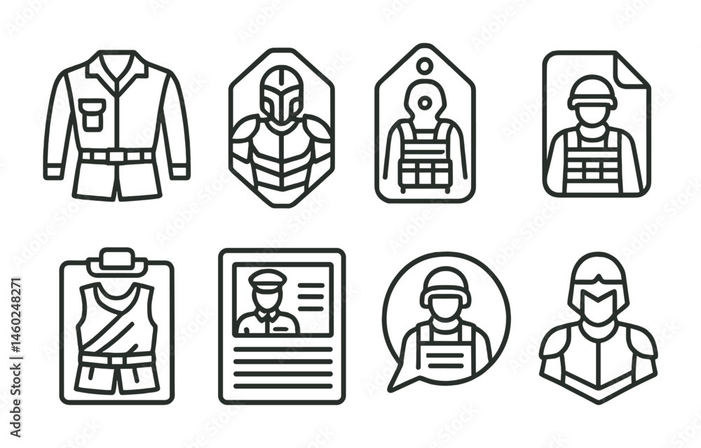 Line style icons of battle skins: combat outfit icon, warrior armor ...
