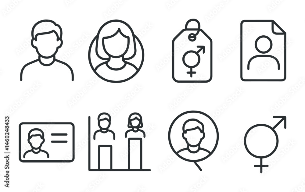 Line style icons of gender in characters: male icon, female badge, non ...