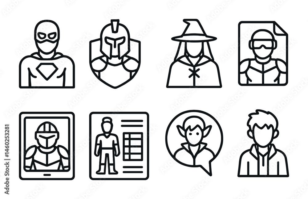 Line style icons of character skins: superhero skin icon, warrior ...