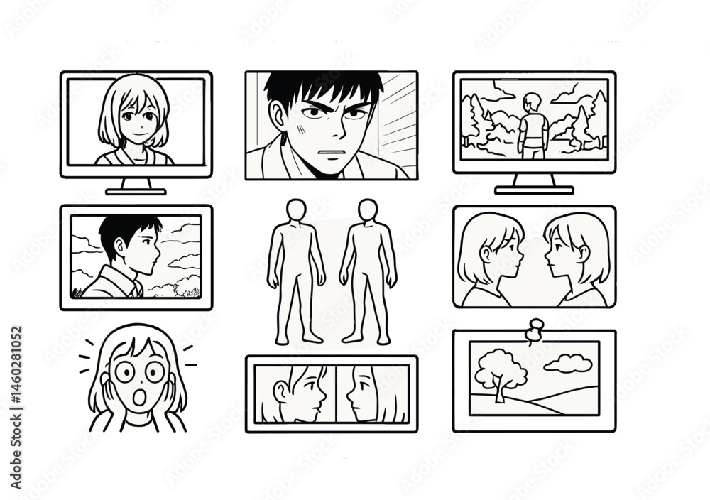 Line style icons of fan art inspiration: anime screenshot reference ...
