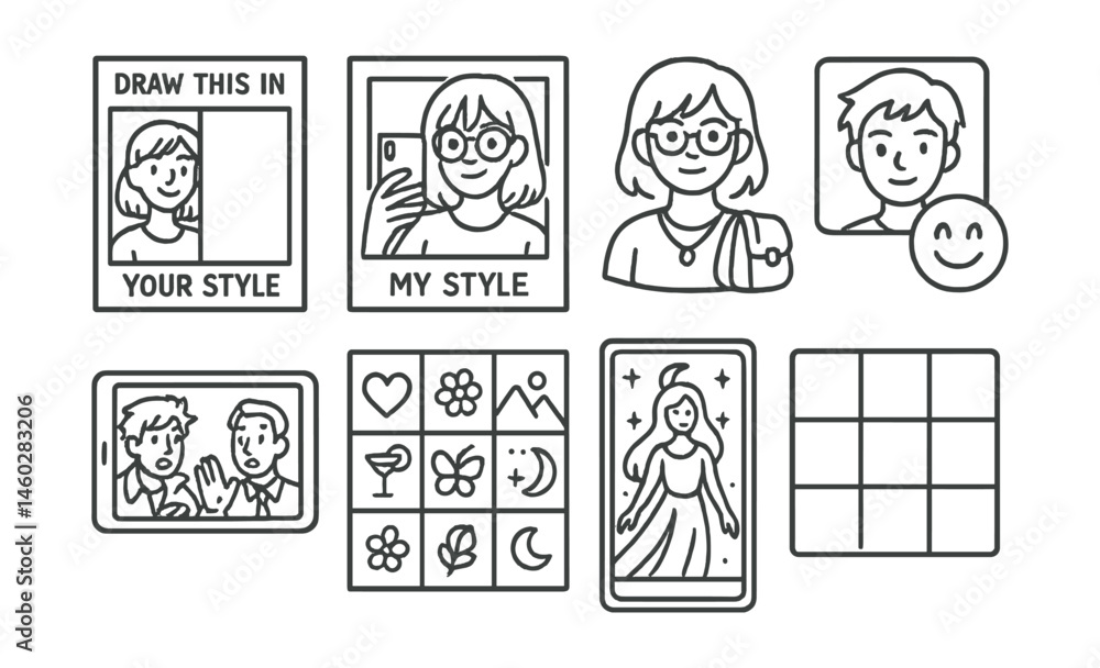 Vektor Line style icons of fandom art trends: redraw challenge sheet ...