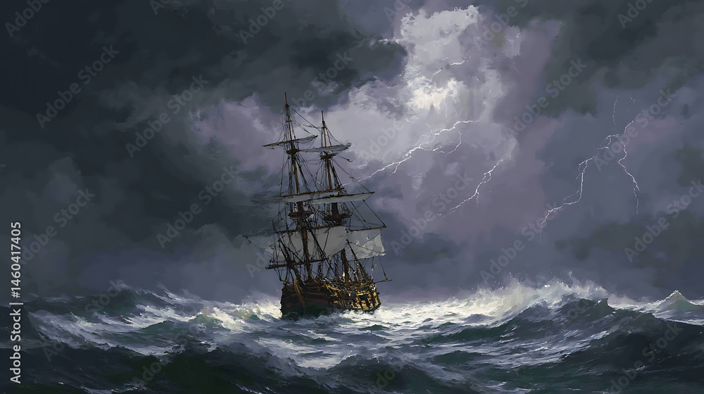 Pirate ship navigating during a storm, thunder, rain big waves on the ...