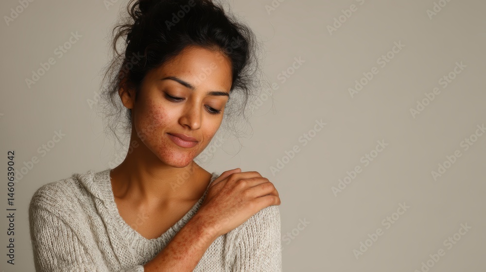 Indian female with skin rash, scratching arm, suffering from eczema or ...