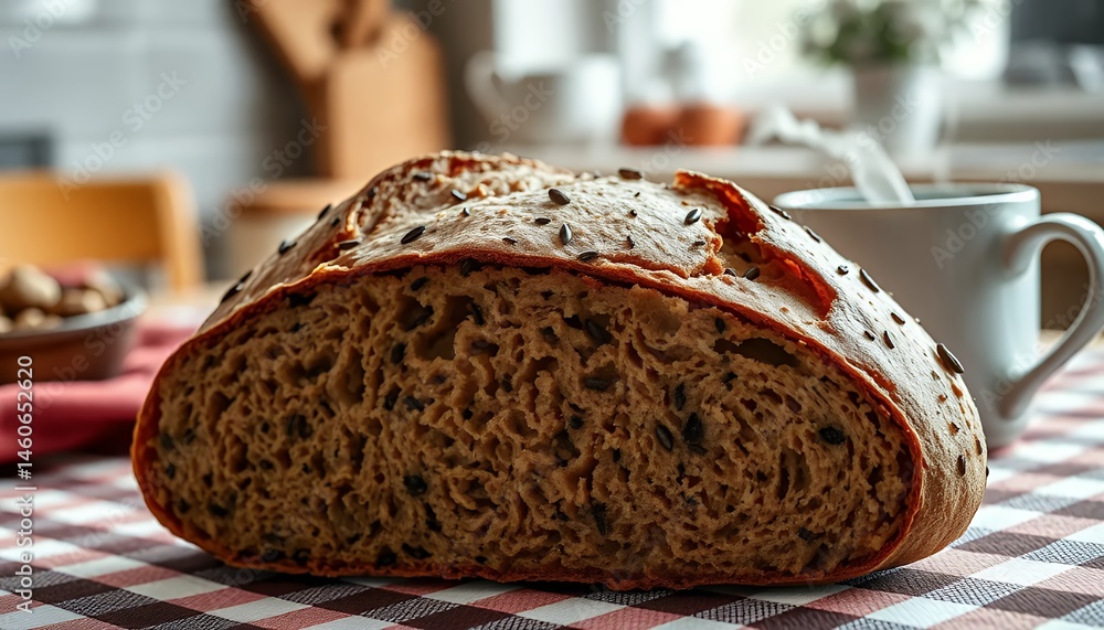 Crusty German Roggenbrot Rye Bread Cross Section on Red Gingham ...