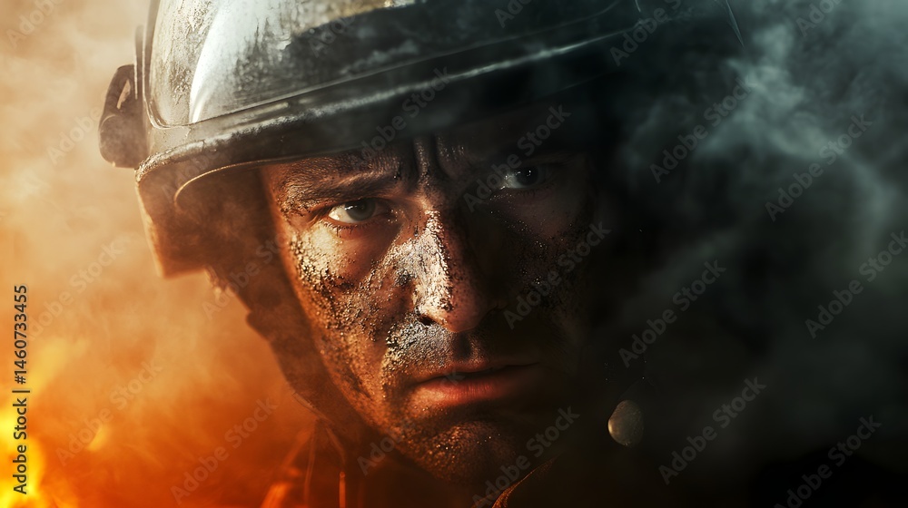 Firefighter's Face in Action: A firefighter's face with intense focus ...