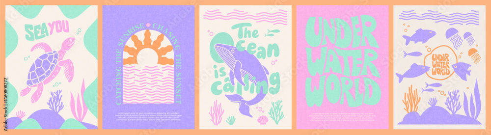 Abstract summer poster, card set with hand drawn underwater world ...