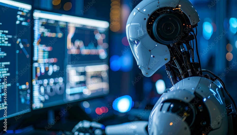 Robot Humanoide de Perfil Analizando Datos y Mapa Mundial en Múltiples Monitores en Centro de ...