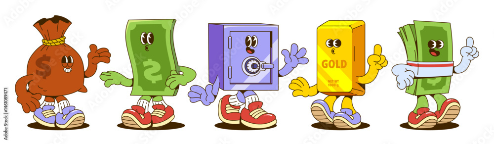 Retro money characters set isolated on white background. Vector cartoon ...