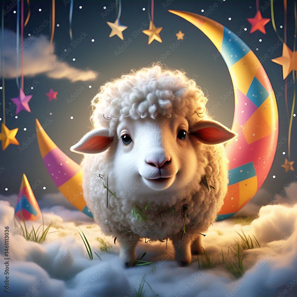 adorable sheep resting peacefully under glowing crescent moon ...