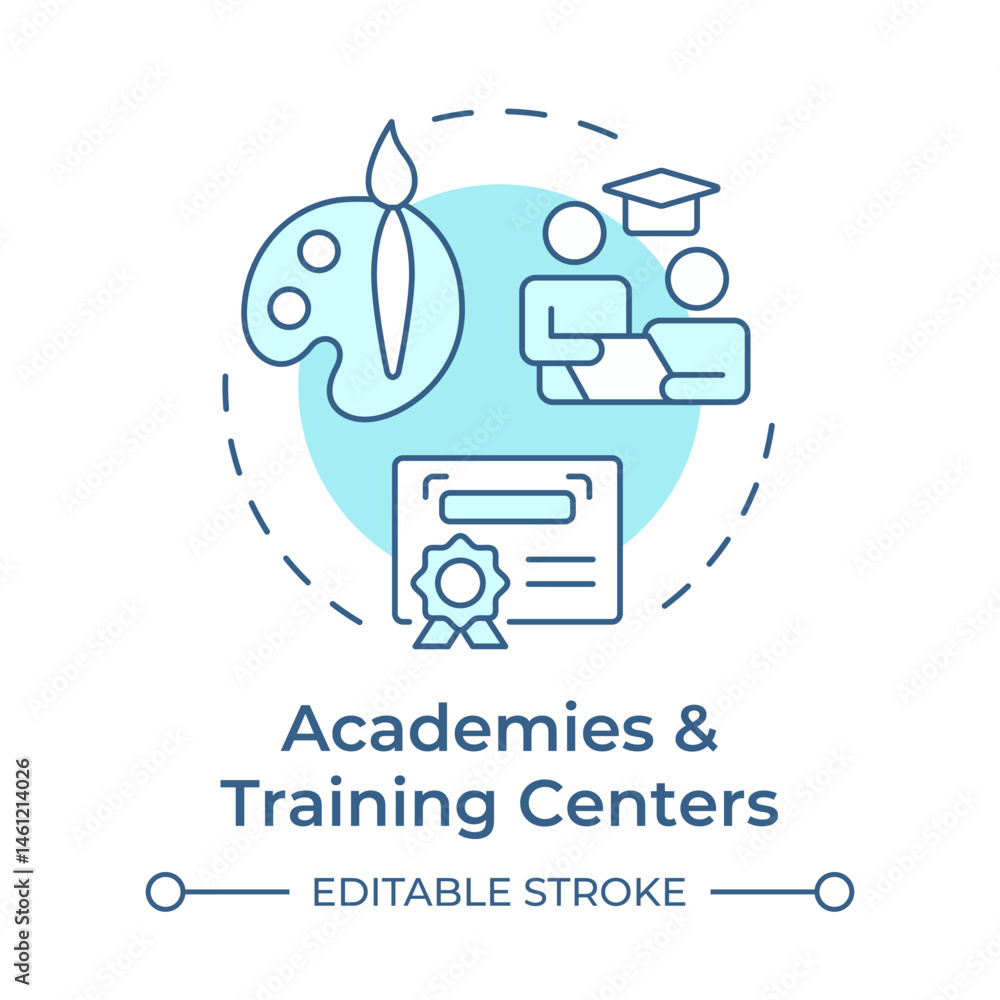 Academies and training centers soft blue concept icon. Student services ...