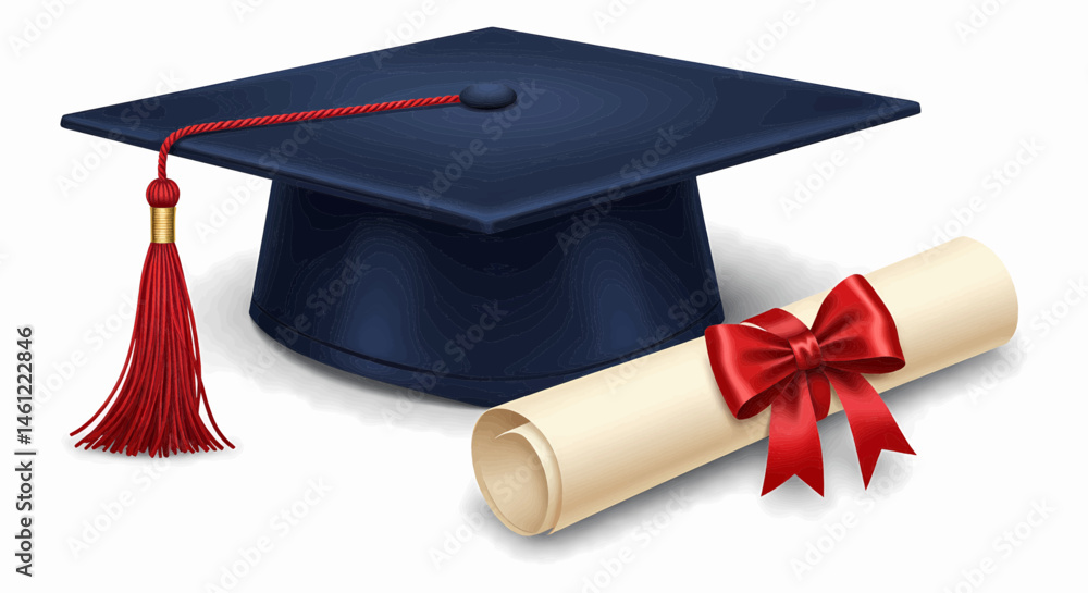 Dark blue graduation cap and diploma on transparent white background ...