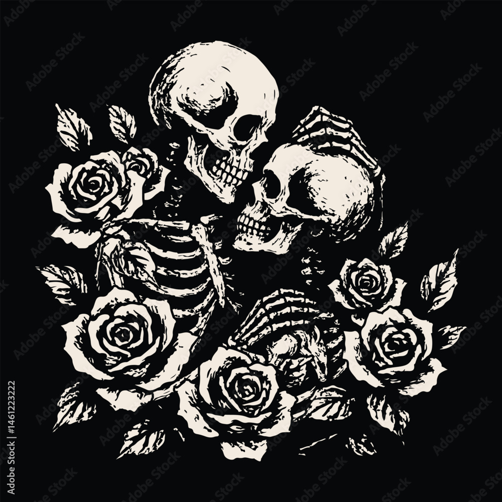 Two skeletons embrace among blooming roses, blending themes of eternal ...