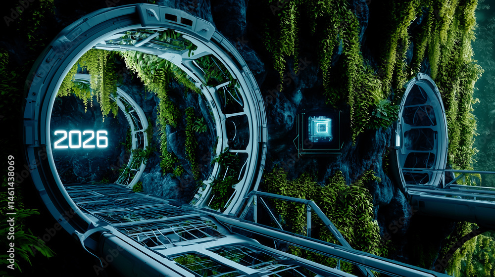 Futuristic 2026 gateway tunnel with integrated technology and overgrown ...