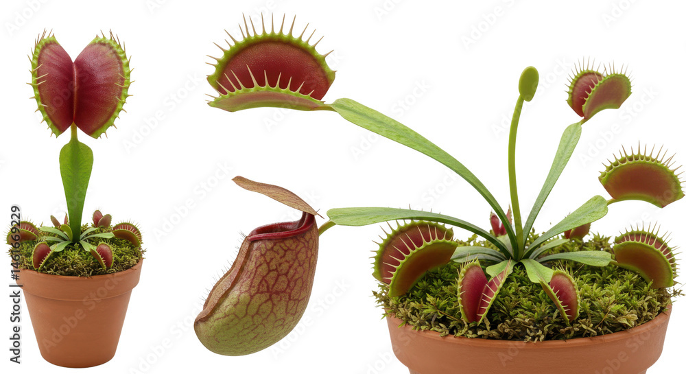Carnivorous Venus flytrap and pitcher plant in terracotta pots isolated ...