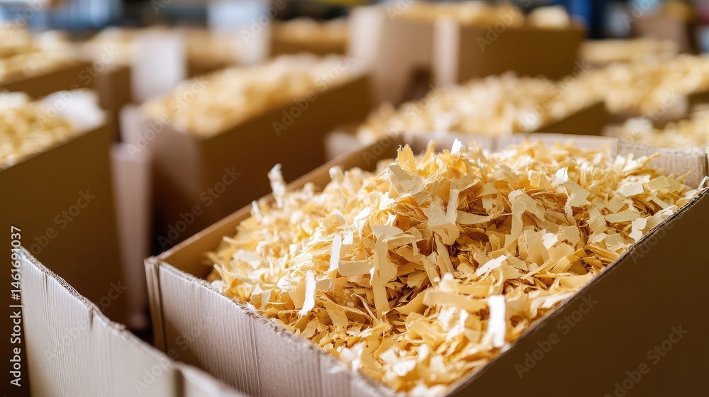 Shredded paper filling cardboard boxes on a factory floor, boxes neatly stacked for easy ...