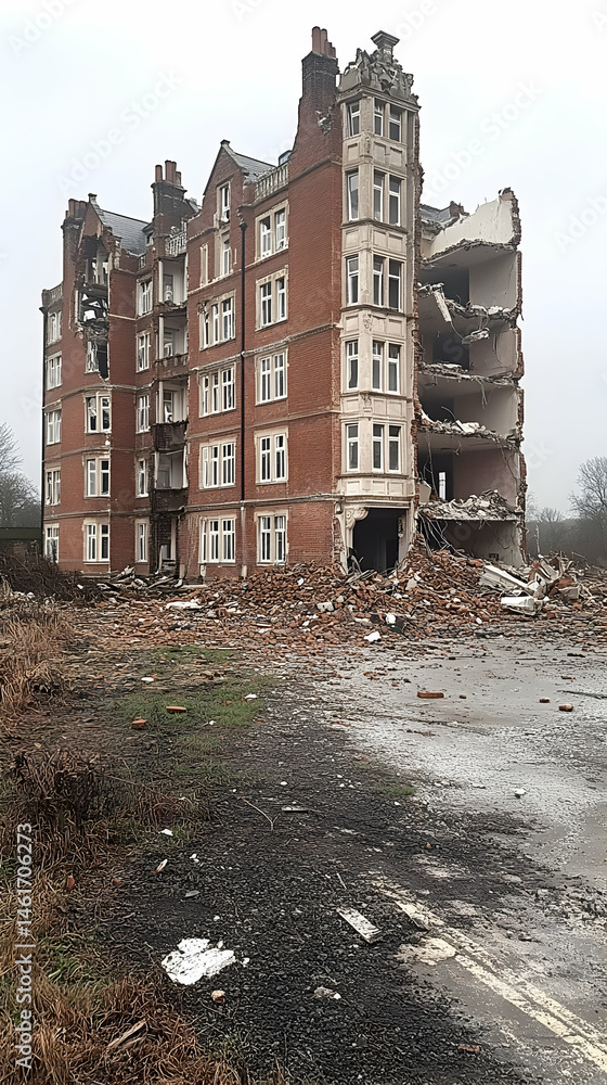 Partial demolition of a multi-story building. Damaged brickwork and ...