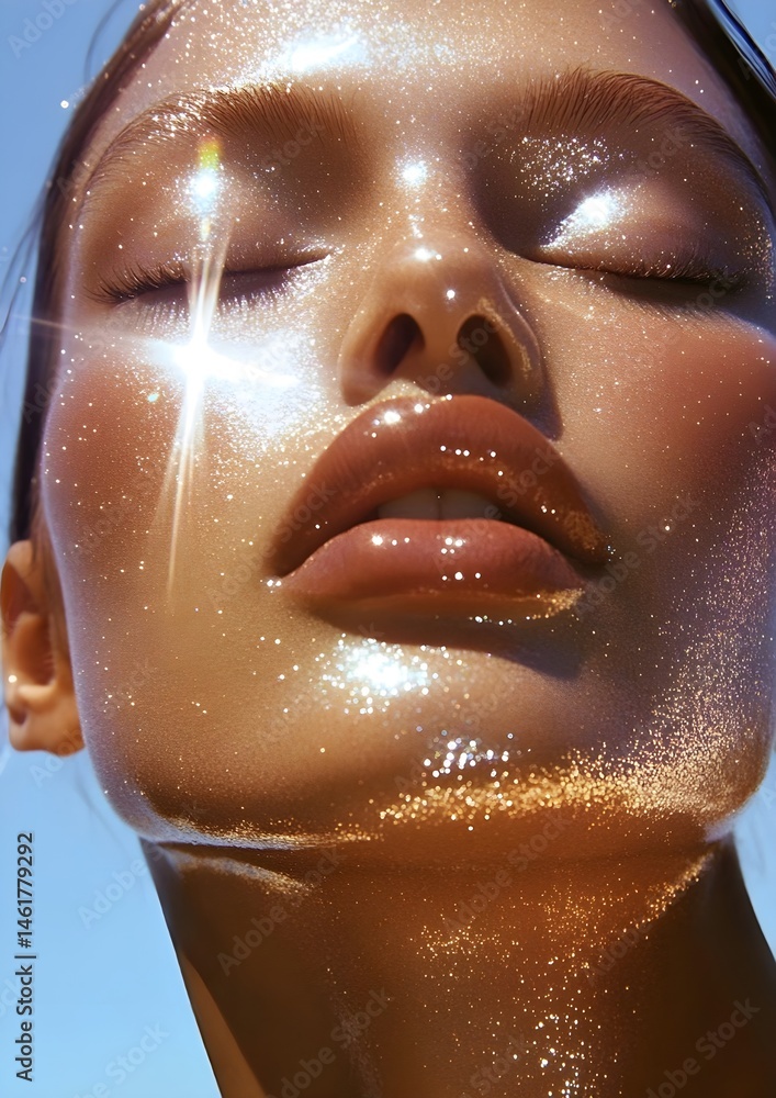 Beautiful model face with shimmering tanned skin, sunbathing on the ...