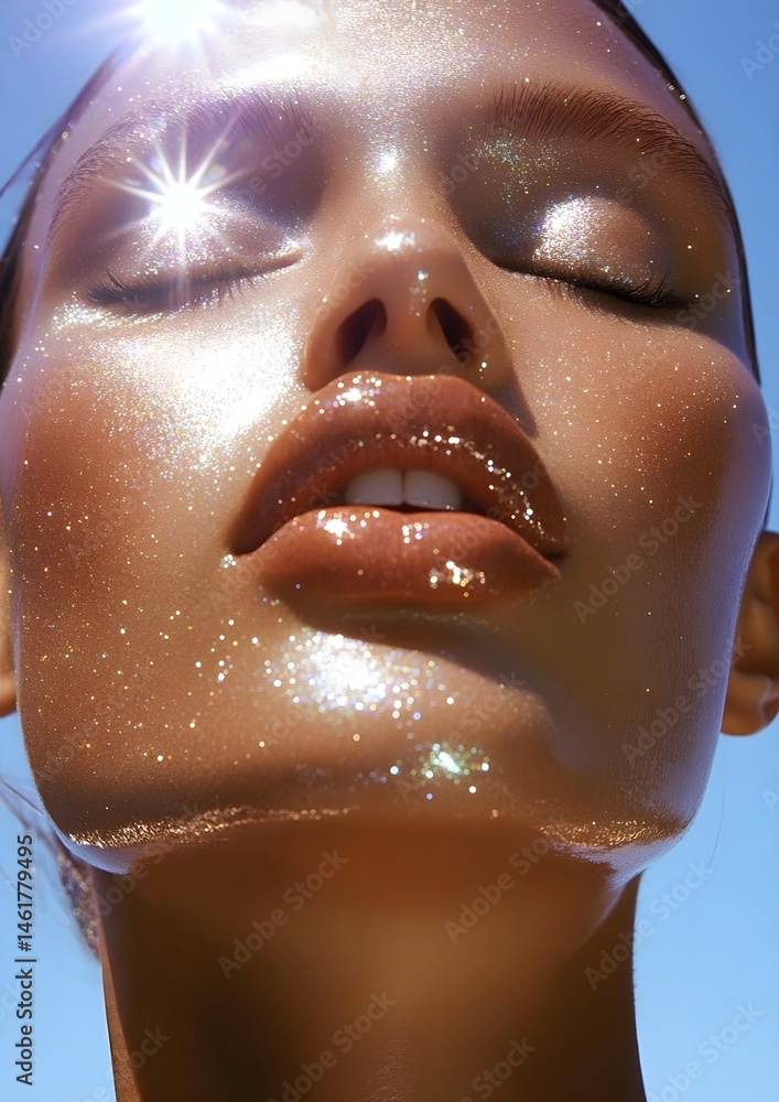 Beautiful model face with shimmering tanned skin, sunbathing on the ...