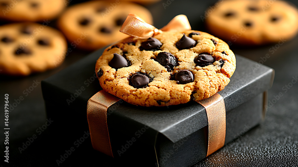 Single Chocolate Chip Cookie in a Black Gift Box with Gold Ribbon Stock ...
