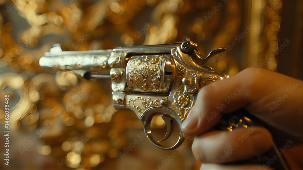 Stock-Illustration „ Vintage gold old revolver gun in use. Antique colt ...