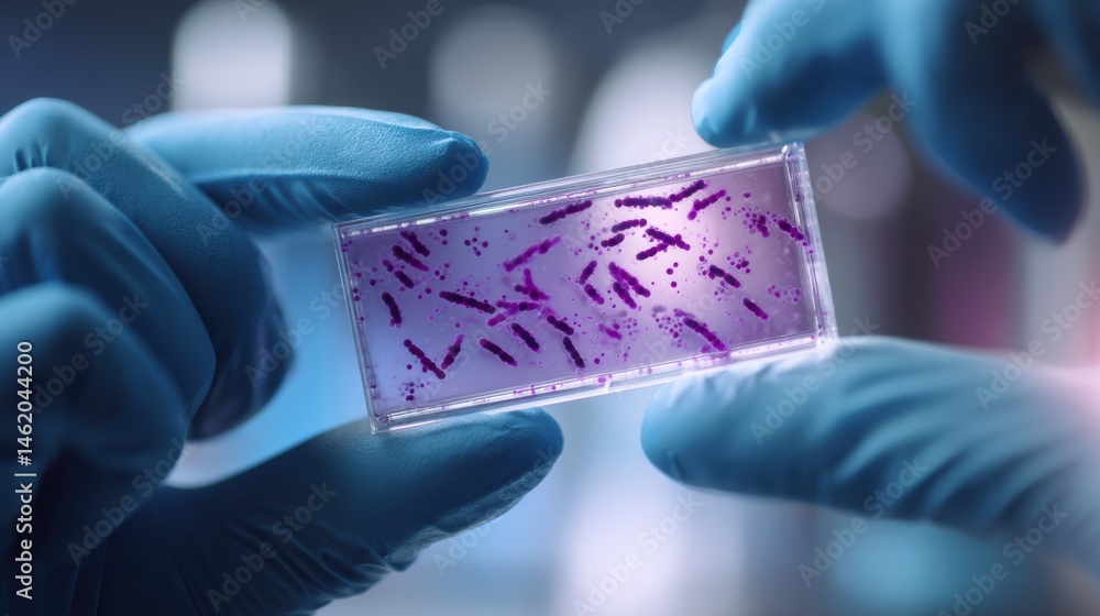 Gram stain process. Scientist examining bacteria samples under a ...