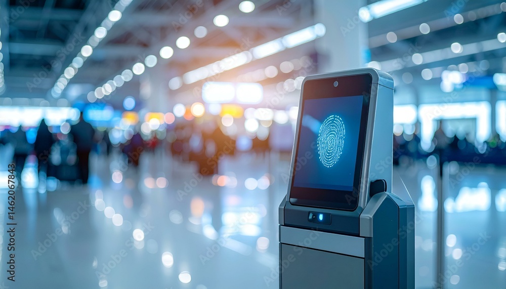 Fingerprint scanner kiosk at a busy airport terminal. Modern technology ...