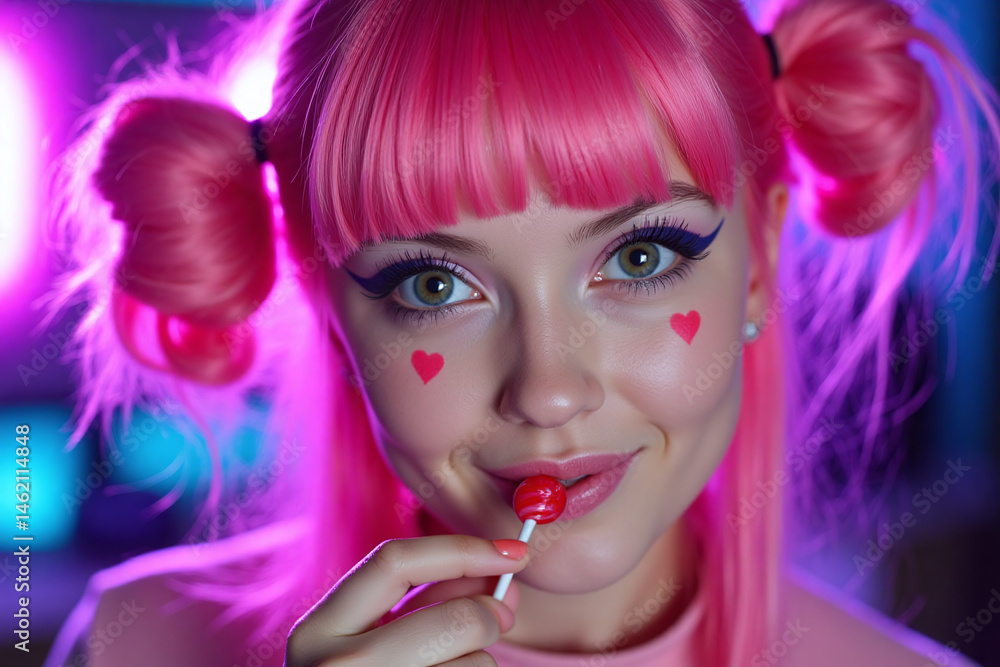 Gen Z e-girl with pink hair buns, graphic eyeliner, and heart stickers ...