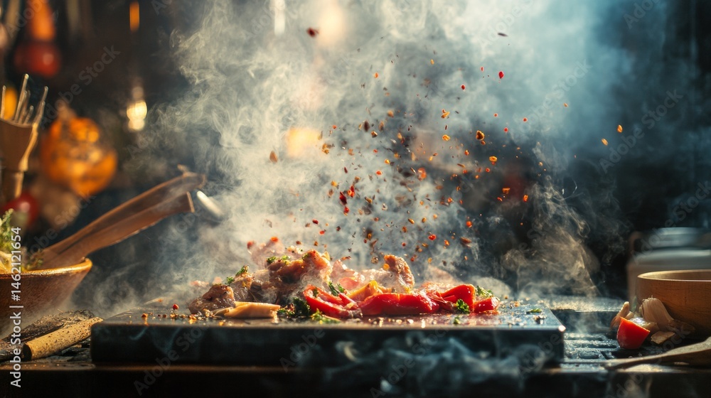 Street barbecue grill in night market with smoke fire and food flare ...