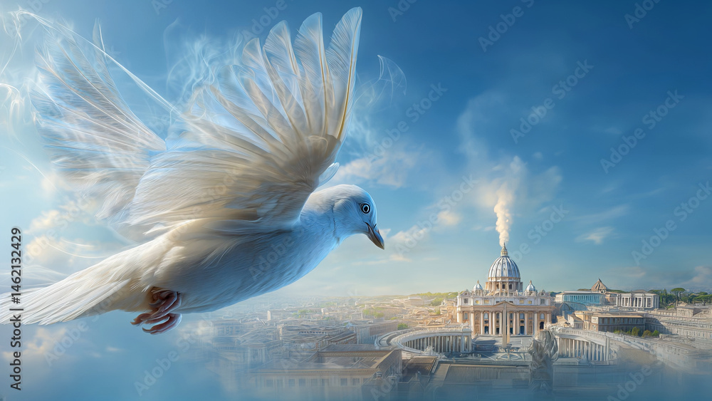Pure white dove spreads its wings in flight above Vatican as white ...