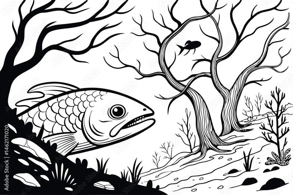 58 Surreal underwater scene, giant eel-like fish, twisted bare trees ...