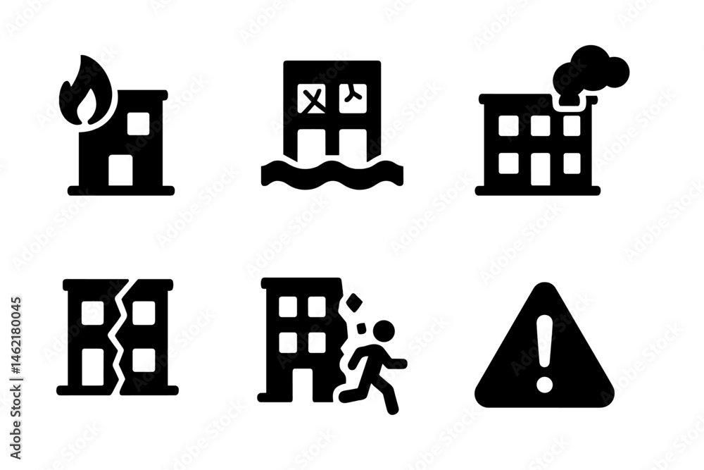 Emergency situation icons representing fire, flood, damage, and ...