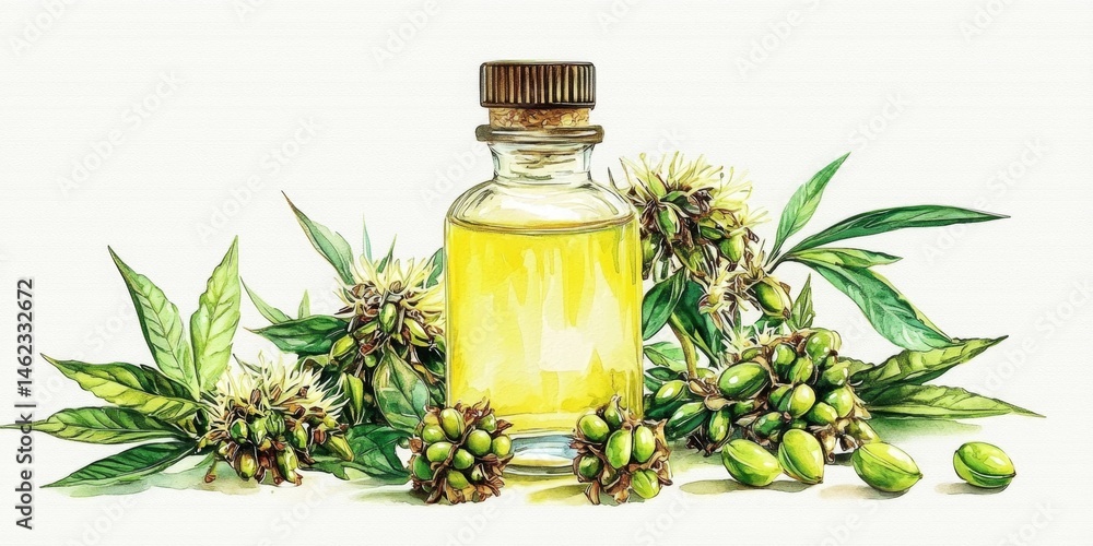 Illustrative art combining botanical elements of castor plants with an ...
