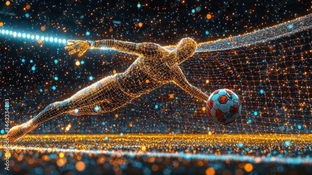 Futuristic soccer goalie saves ball in digital space. A digital goalie ...