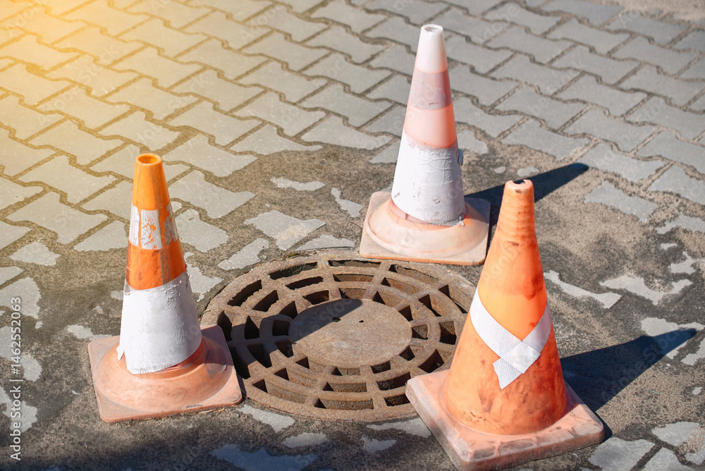Orange safety cones placed around manhole cover on paved city street ...