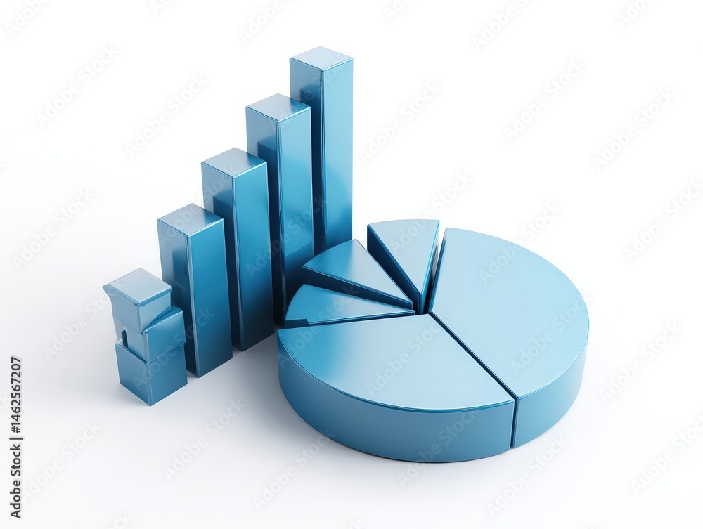 3D pie chart and bar graph in blue color on white background ...
